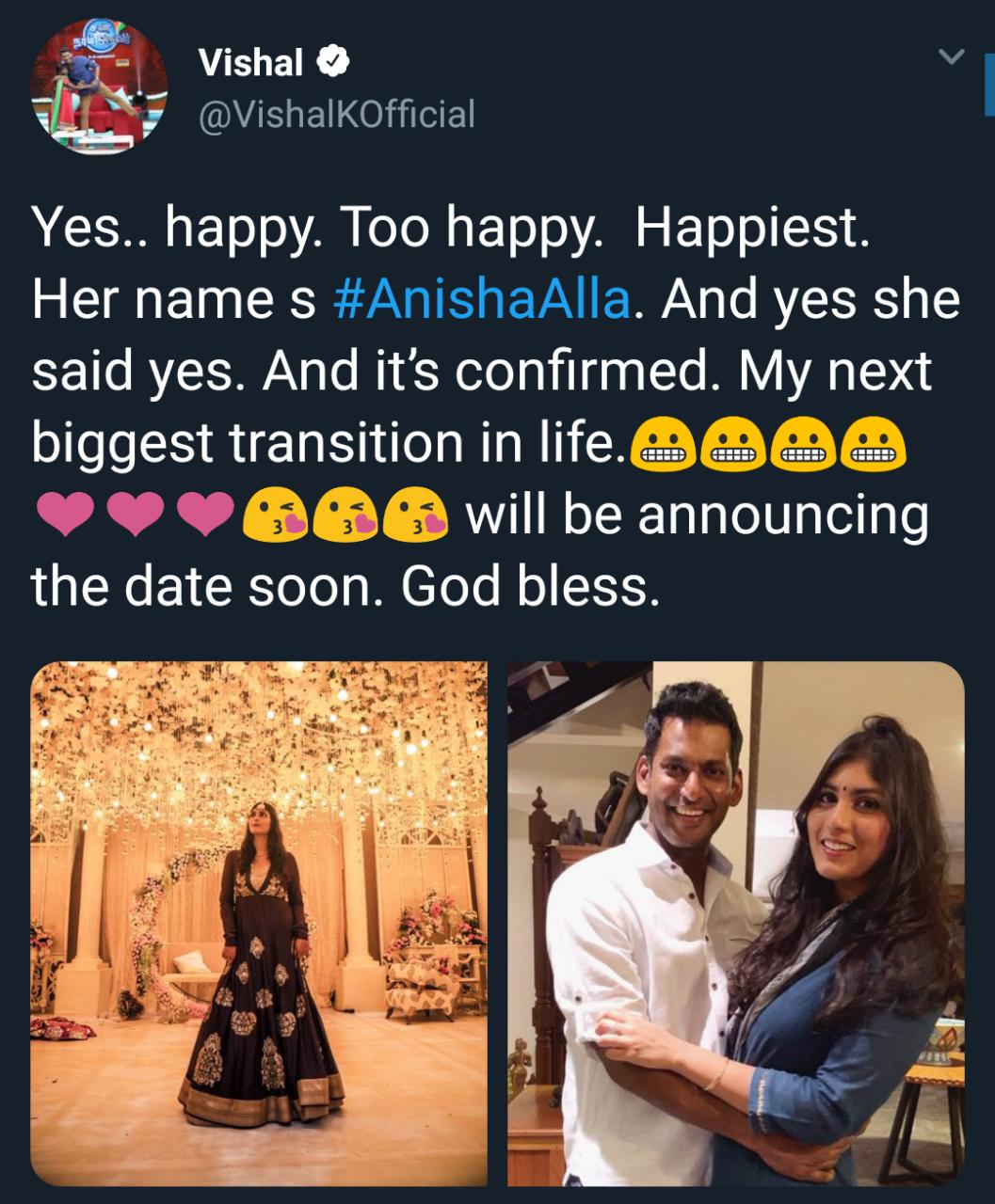 Vishal Is Getting Married To Hyderabad Girl Anisha Alla Soon - Social ...