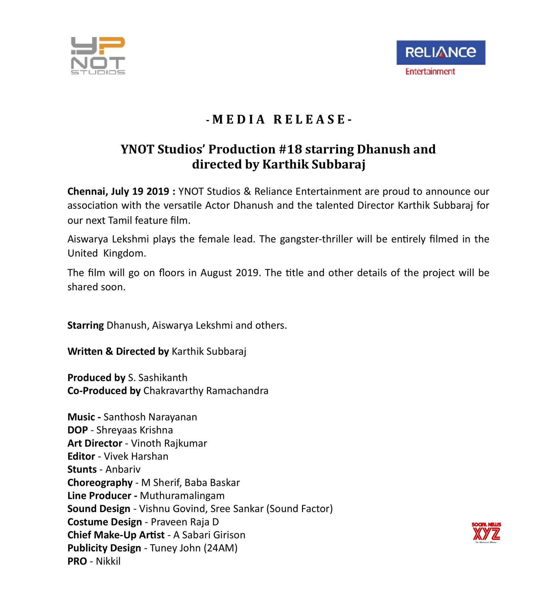 Y Not Studios Production No 18 Starring Dhanush And Directed By Karthik ...
