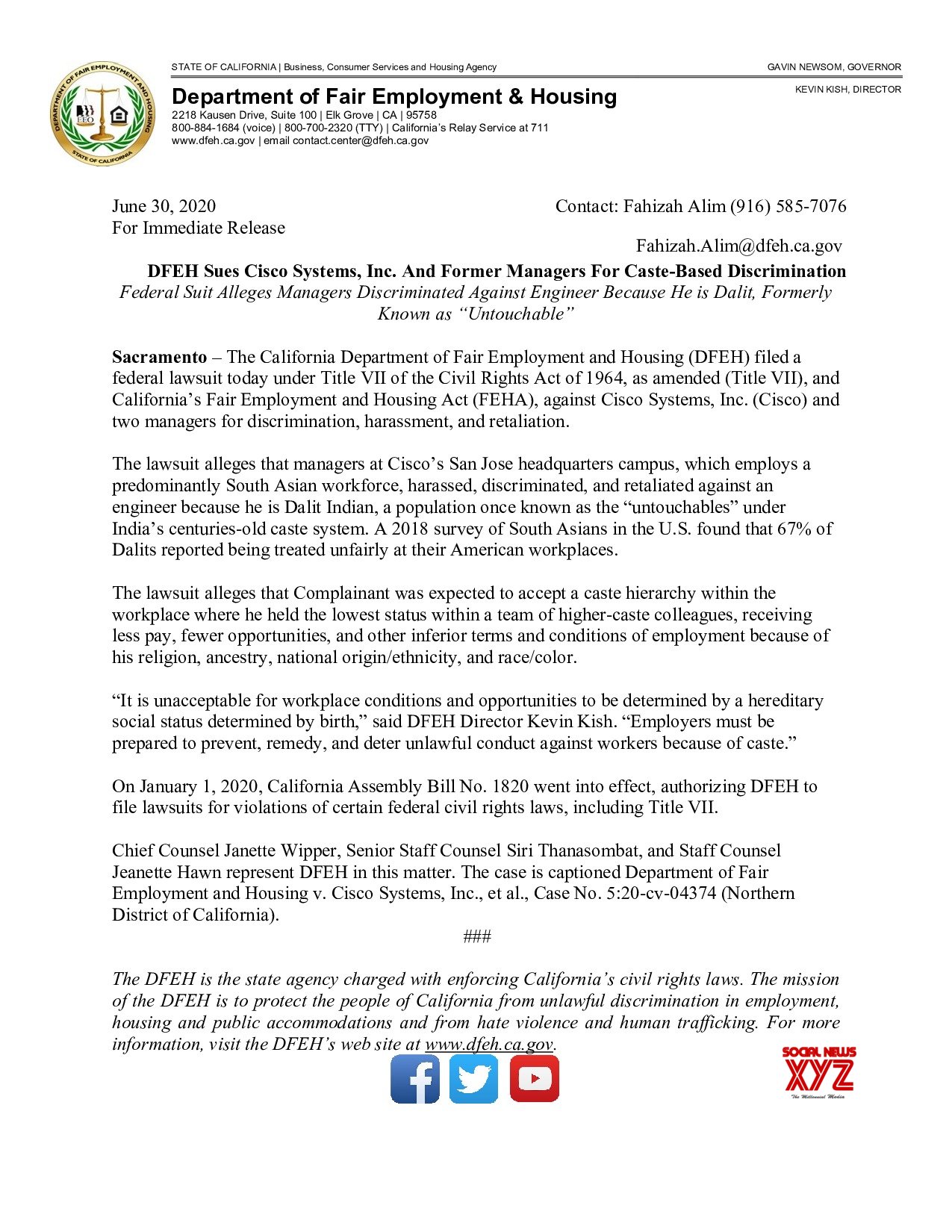 California's DFEH Sues Cisco Systems Inc And Former Managers For Caste ...