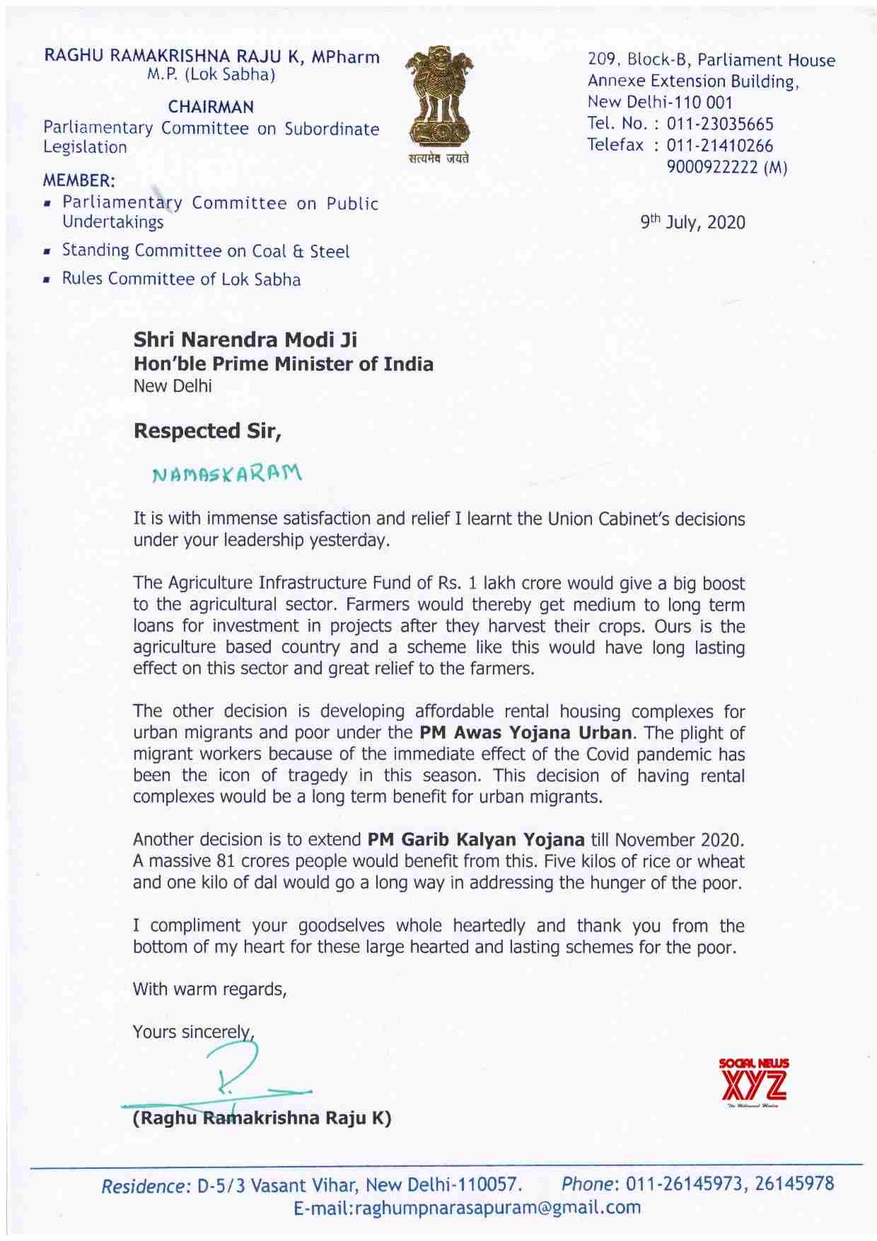 YSRCP MP K Raghu Rama Krishna Raju Thanking Letter To Honorable Prime Minister Shri Narendra ...