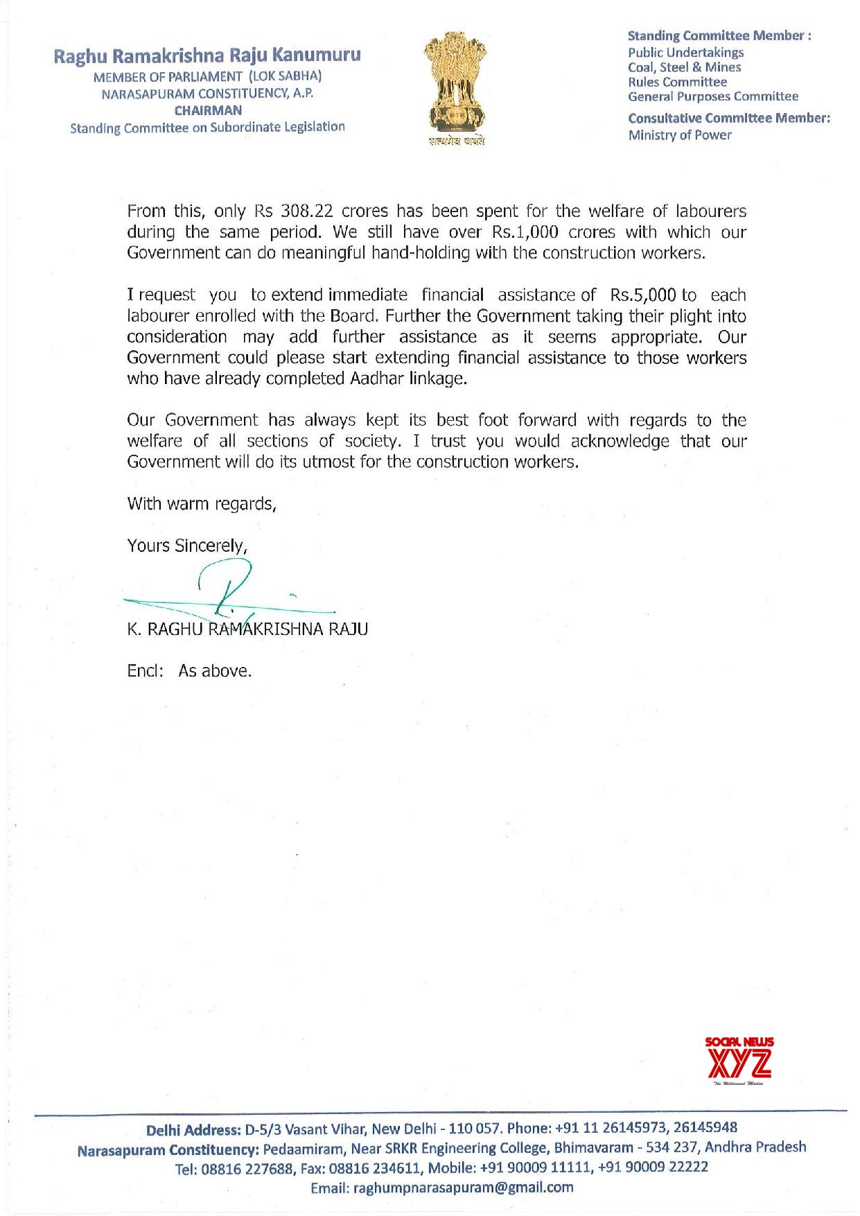 YSRCP MP K Raghu Rama Krishna Raju Letter To Honorable AP CM YS Jagan Requesting Assistance To ...