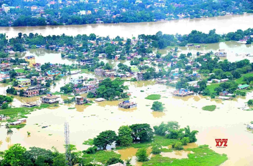 Cachar:An aerial view of the flood - affected areas over Silchar. # ...