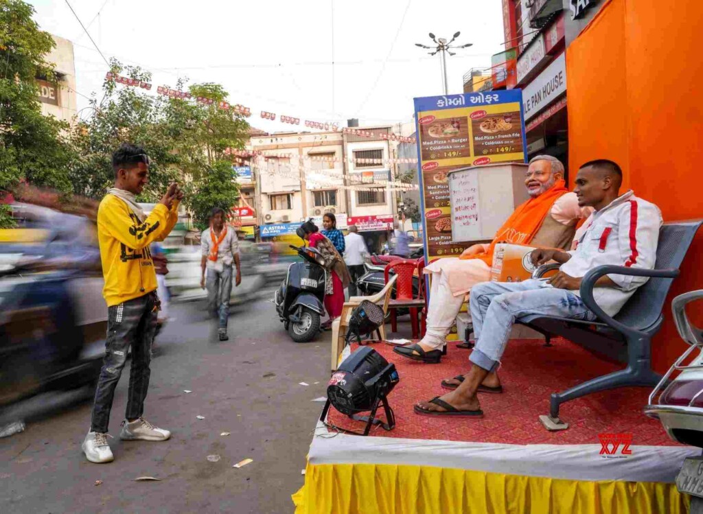 : Ahmedabad: People taking pictures with the statue of PM Narendra Modi ...