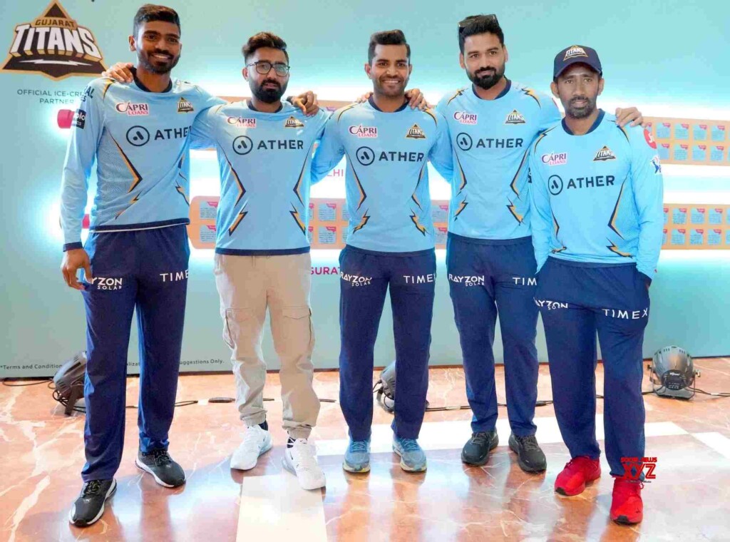 : Ahmedabad :Gujarat Titans players pose during a promotional event. # ...