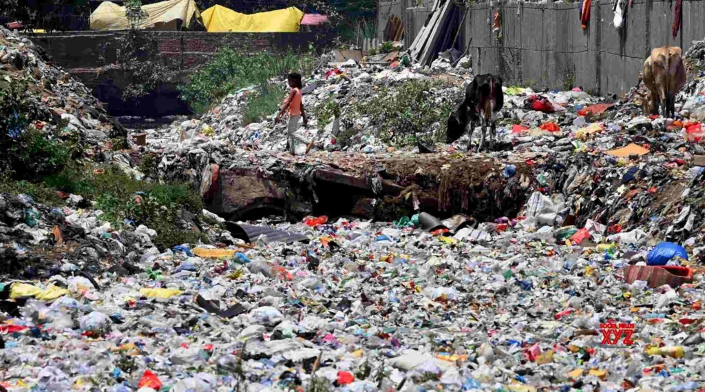 New Delhi: - A young girl walks near a blocked drain with a heap of ...